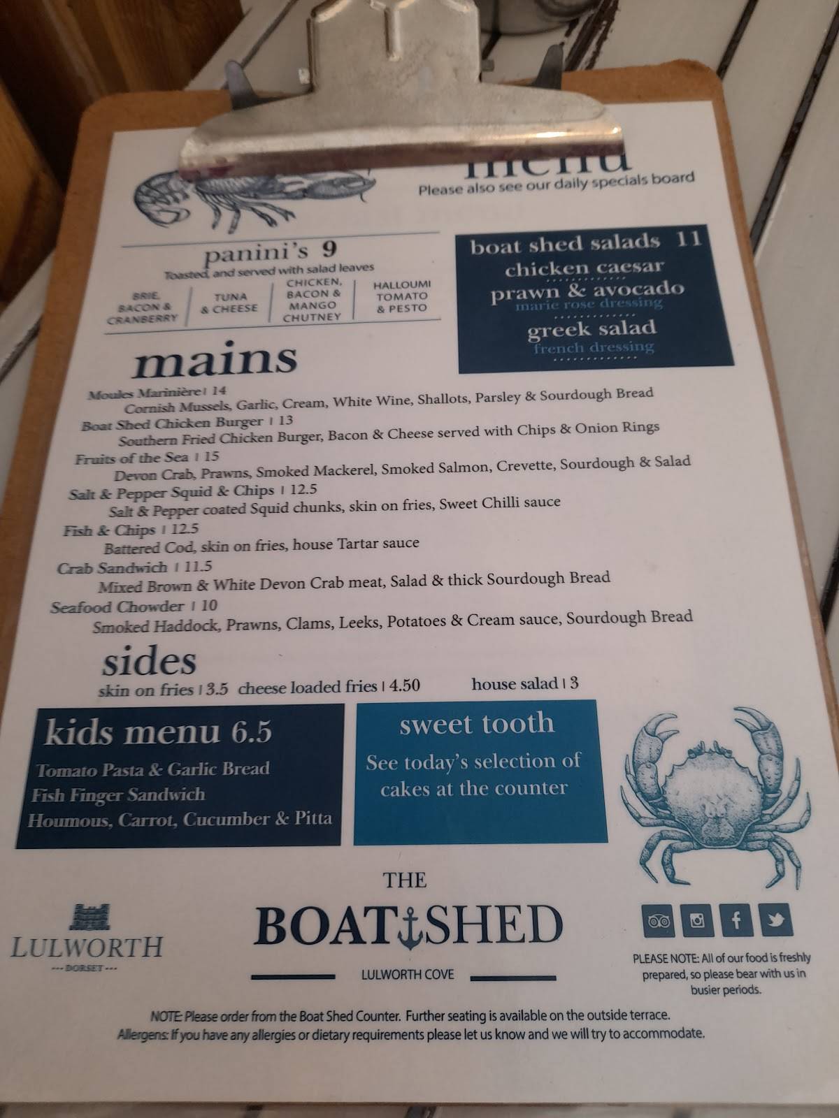 Menu at The Boat Shed Cafe, West Lulworth, Lulworth Cove