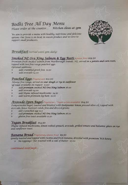 Menu at The Bodhi Tree cafe, Mount Hawthorn