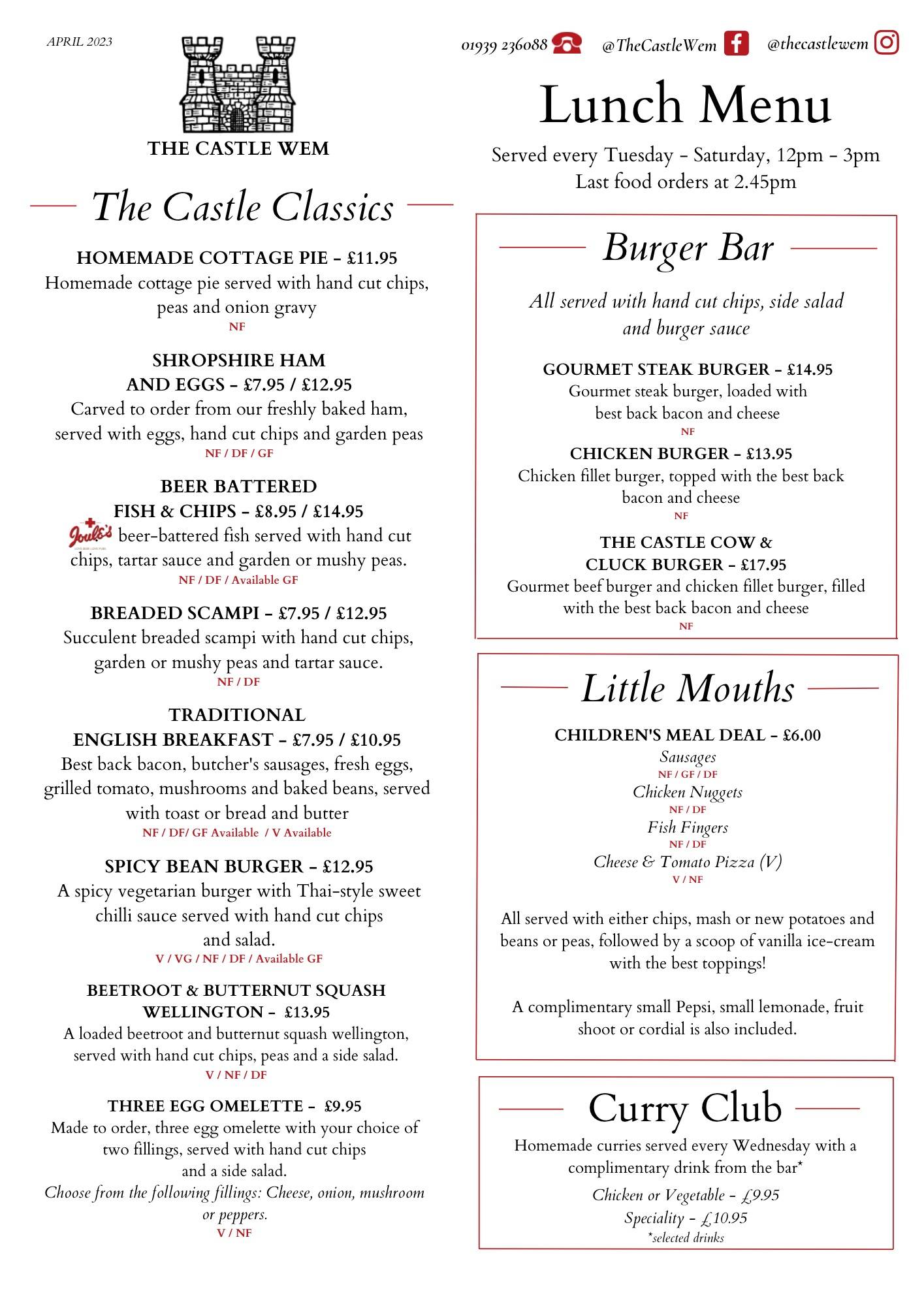 Menu at The Castle Hotel pub & bar, Tilley