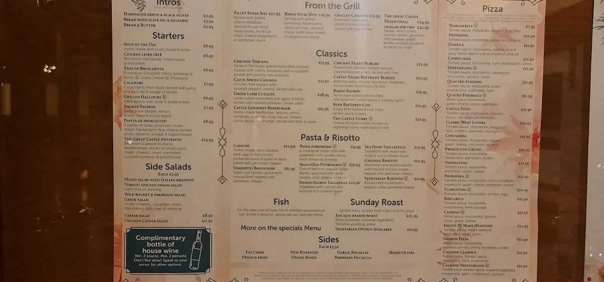 Menu at The Castle Inn restaurant, Caldecott