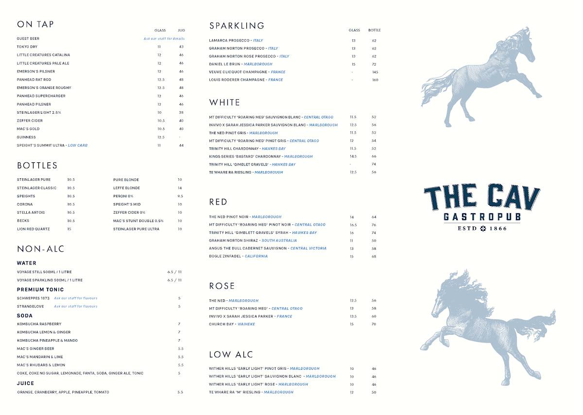 Menu at The Cav pub & bar, Auckland