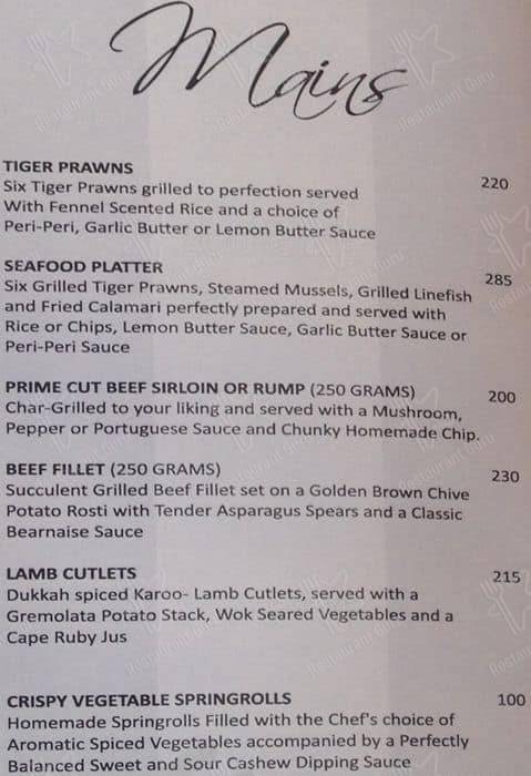 Menu at The Clipper restaurant, Cape Town