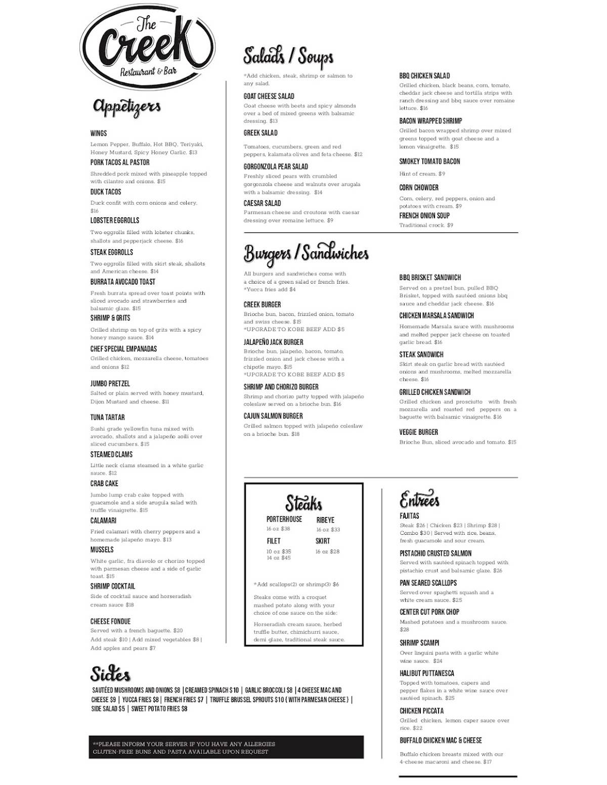 Menu at The Creek pub & bar, Croton Falls