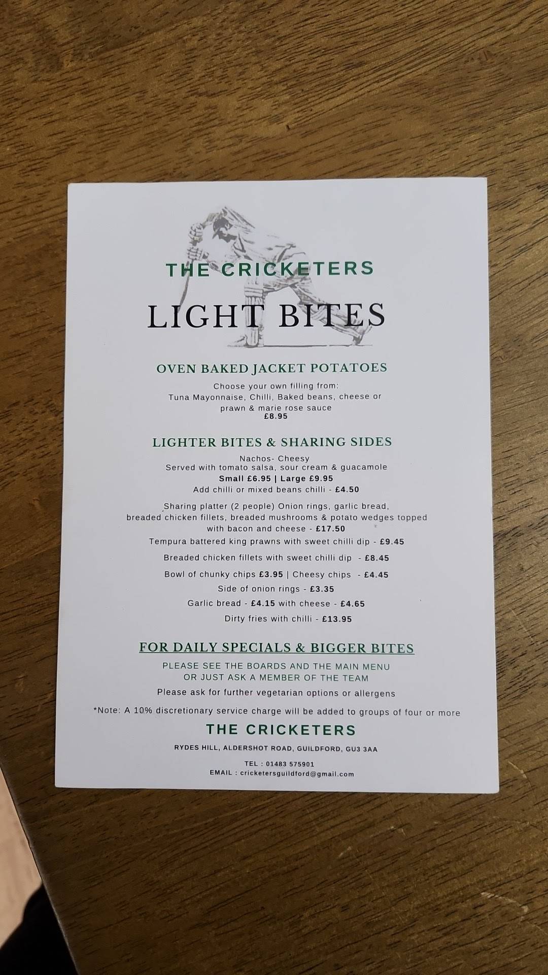 Menu at The Cricketers pub & bar, Guildford