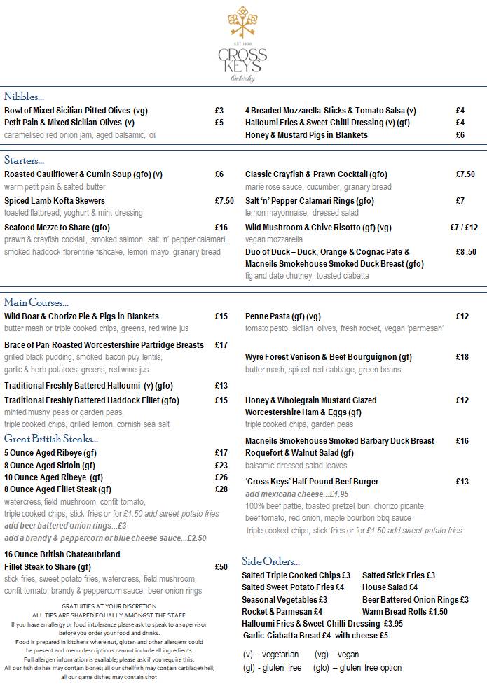 Menu at The Cross Keys Ombersley restaurant, Ombersley, Main Road