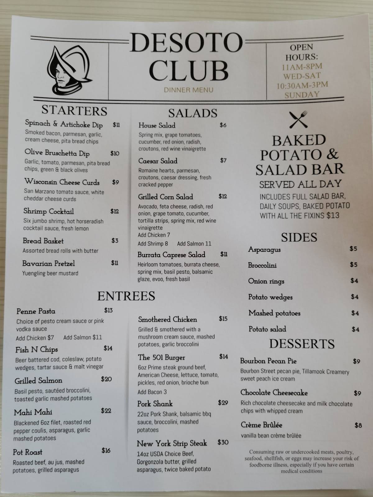 Menu at The DeSoto Club, Hot Springs Village