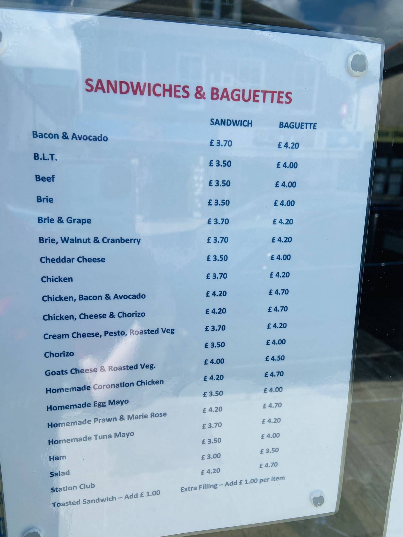 Menu at The Filling Station cafe, Perranporth