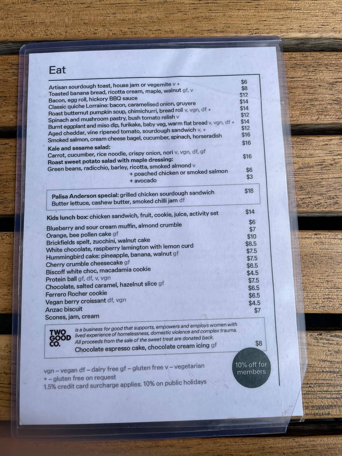 Menu at The Gallery Cafe, Sydney