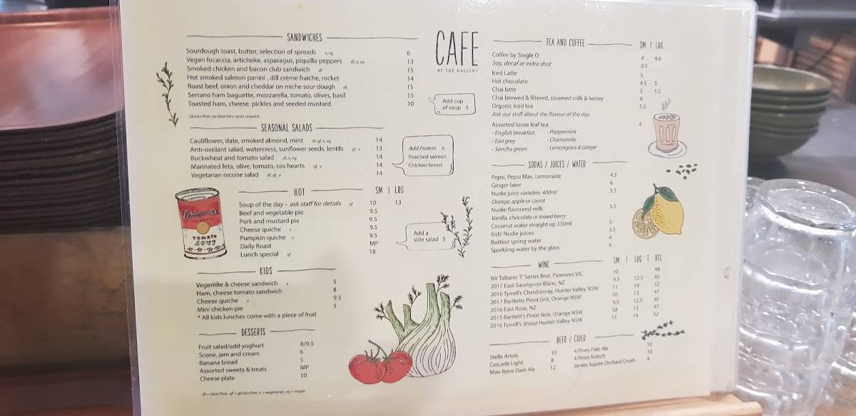 Menu at The Gallery Cafe, Sydney