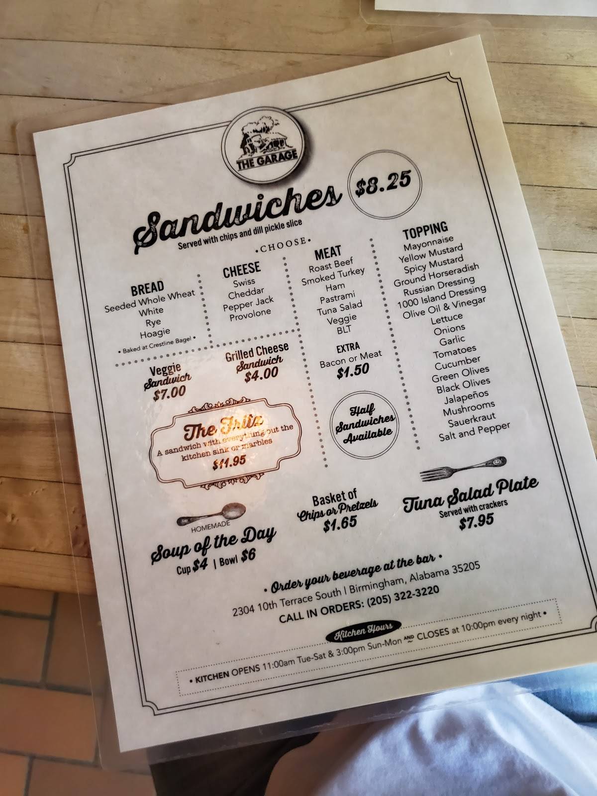 Menu at The Garage pub & bar, Birmingham