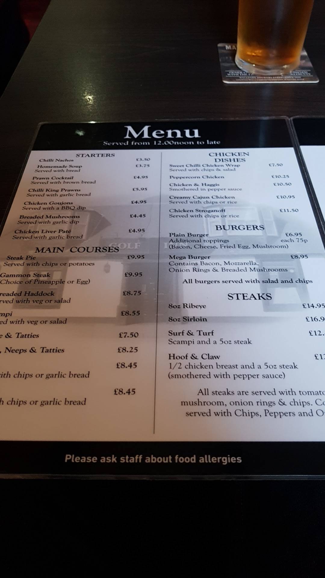 Menu at The Golf Inn pub & bar, Prestwick, 154 Main St