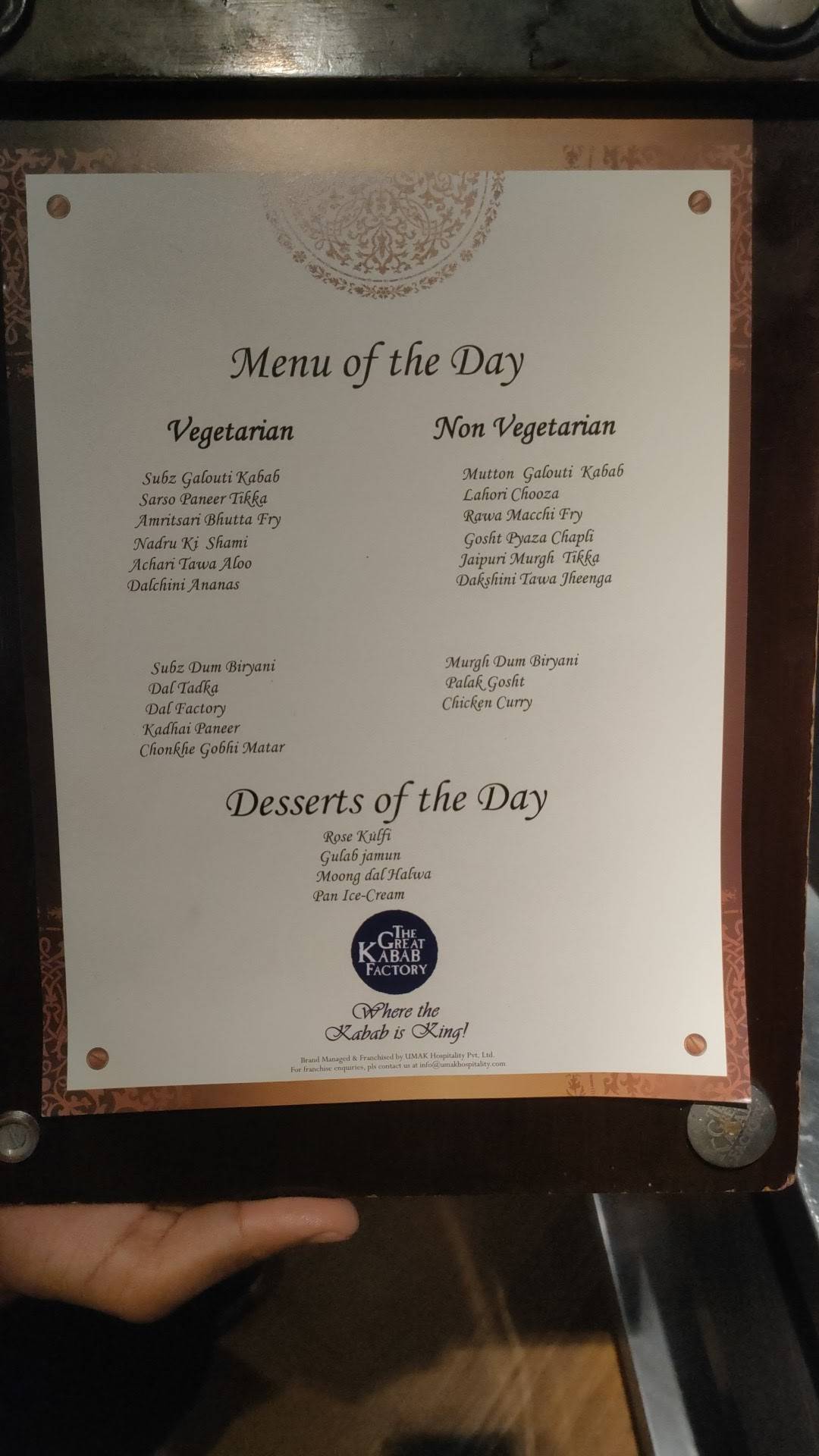 Menu at The Great Kabab Factory (Radisson Noida), Noida, Radisson Noida