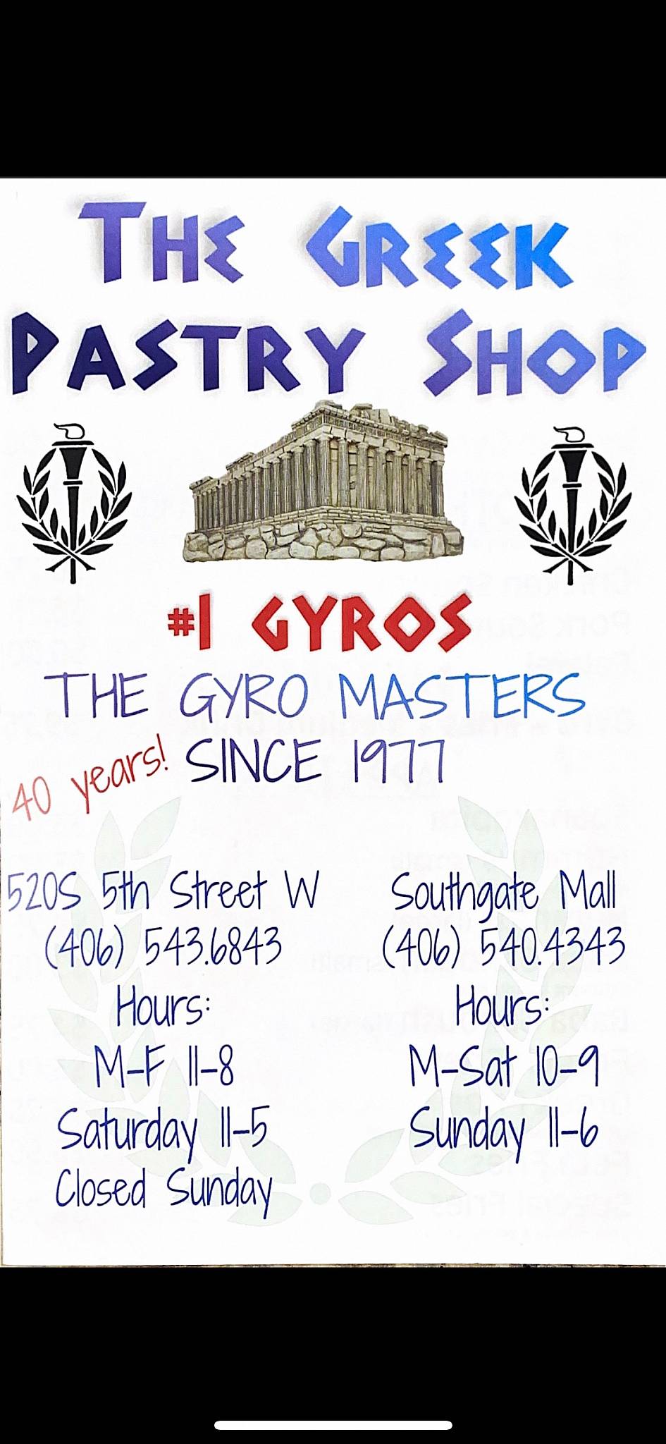 Menu at The Greek Pastry Shop - #1 GYROS restaurant, Missoula, 520 S ...