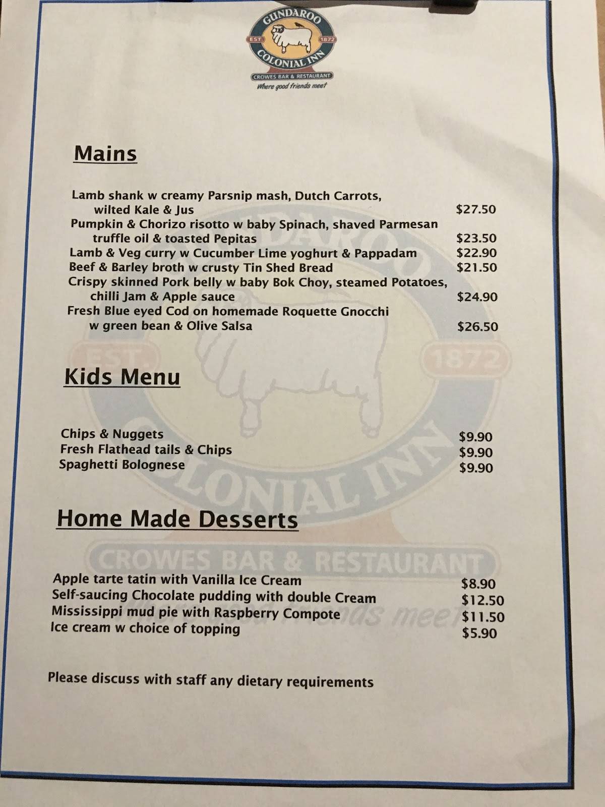 Menu at The Gundaroo Inn pub & bar, Gundaroo