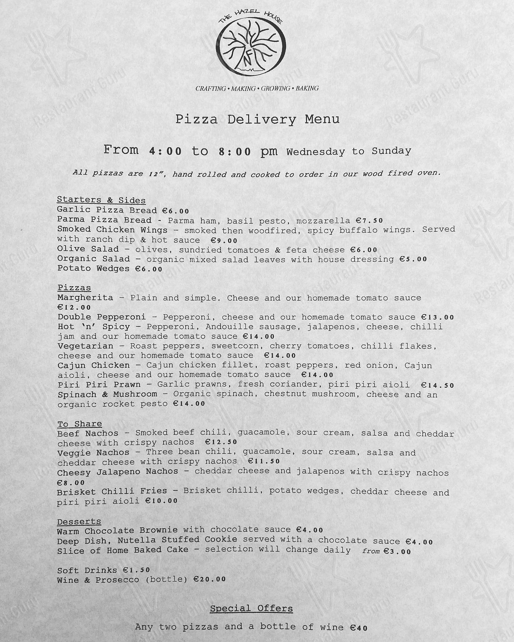 Menu at The Hazel House cafe, Dublin