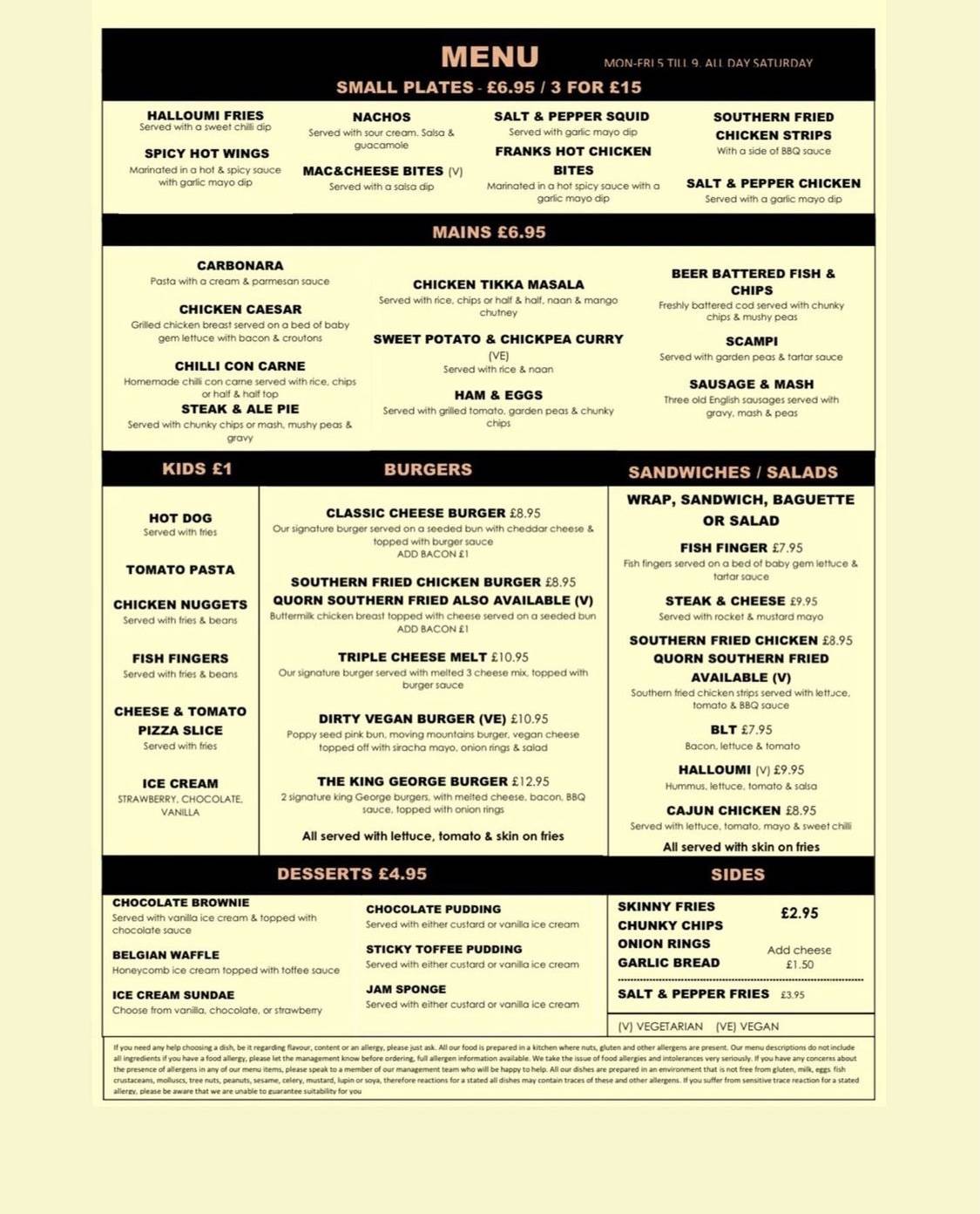 Menu at The King George Pub, Altrincham