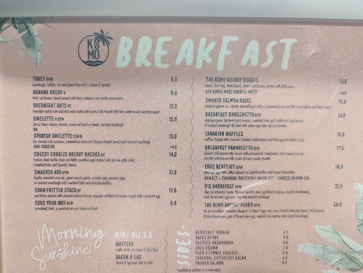 Menu at The Komo restaurant, Redcliffe, 99 Marine Parade