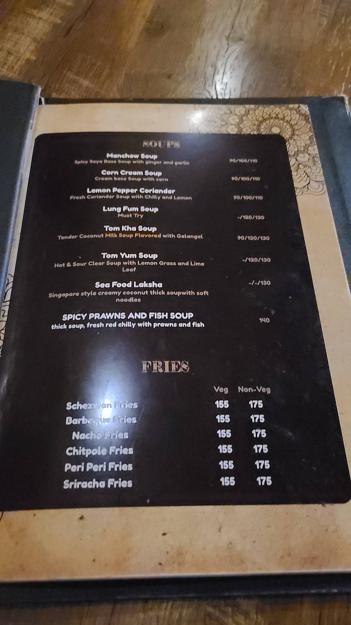 Menu at The Laughing Buddha, Manipal