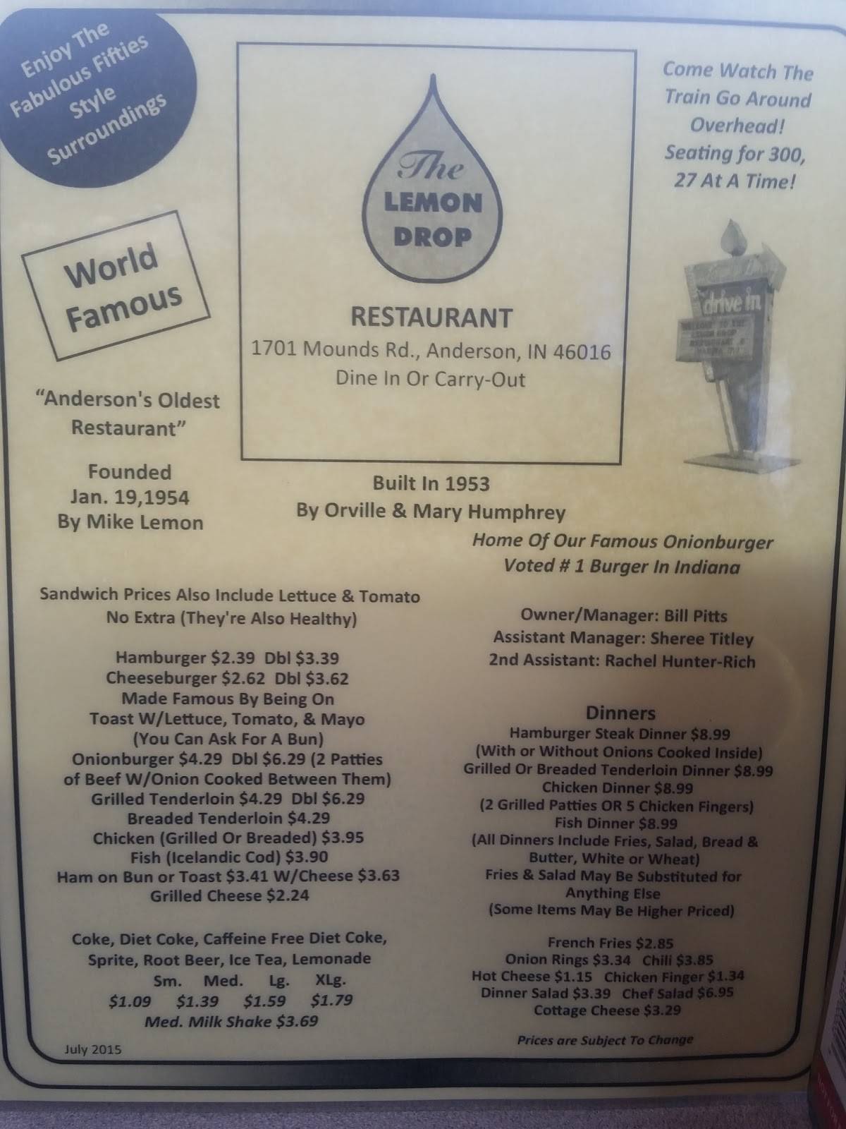 Menu at The Lemon Drop restaurant, Anderson