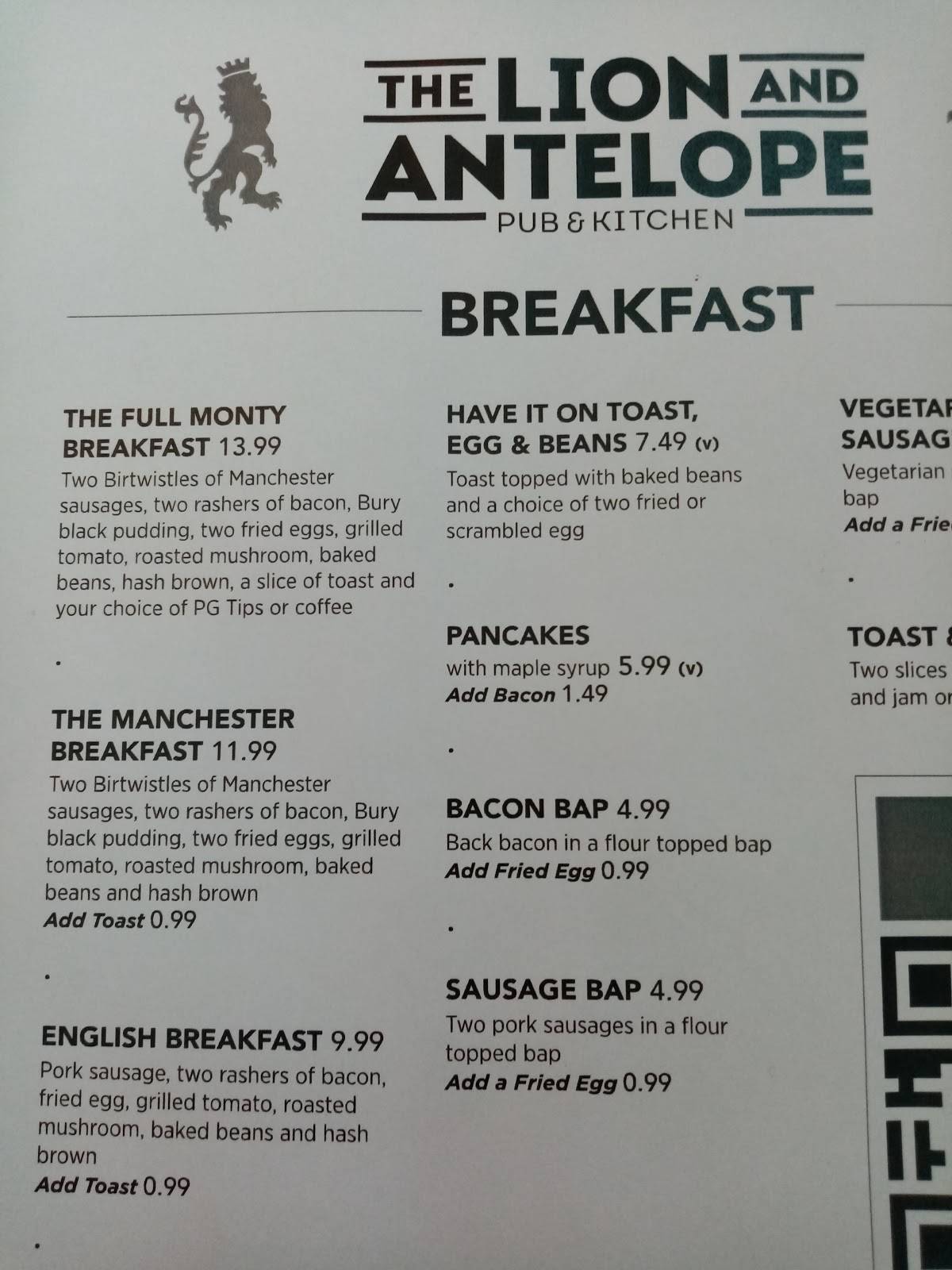 Menu at The Lion and Antelope pub & bar, Manchester