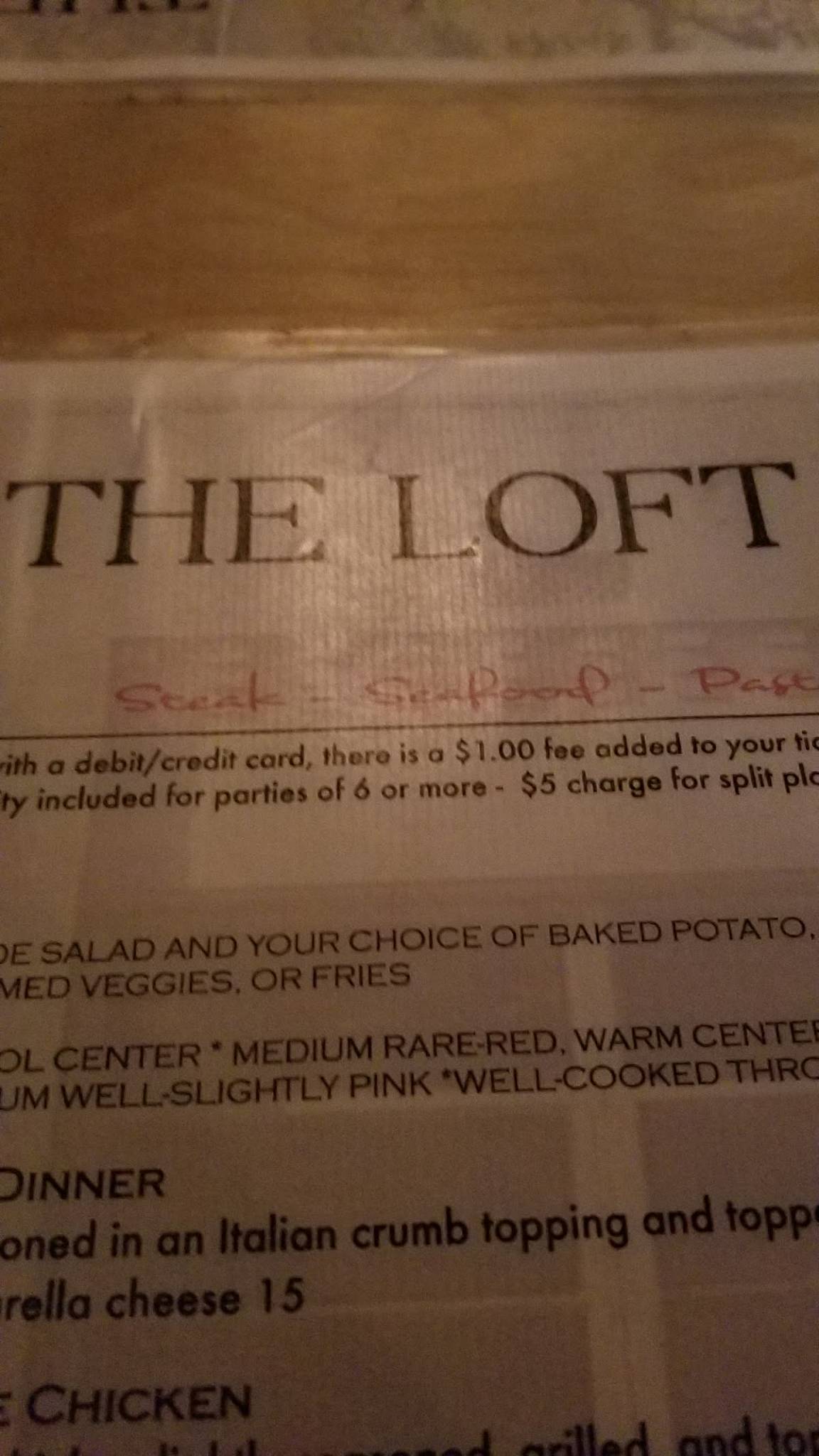 Menu at The Loft steakhouse, Laurel, 535 Central Ave