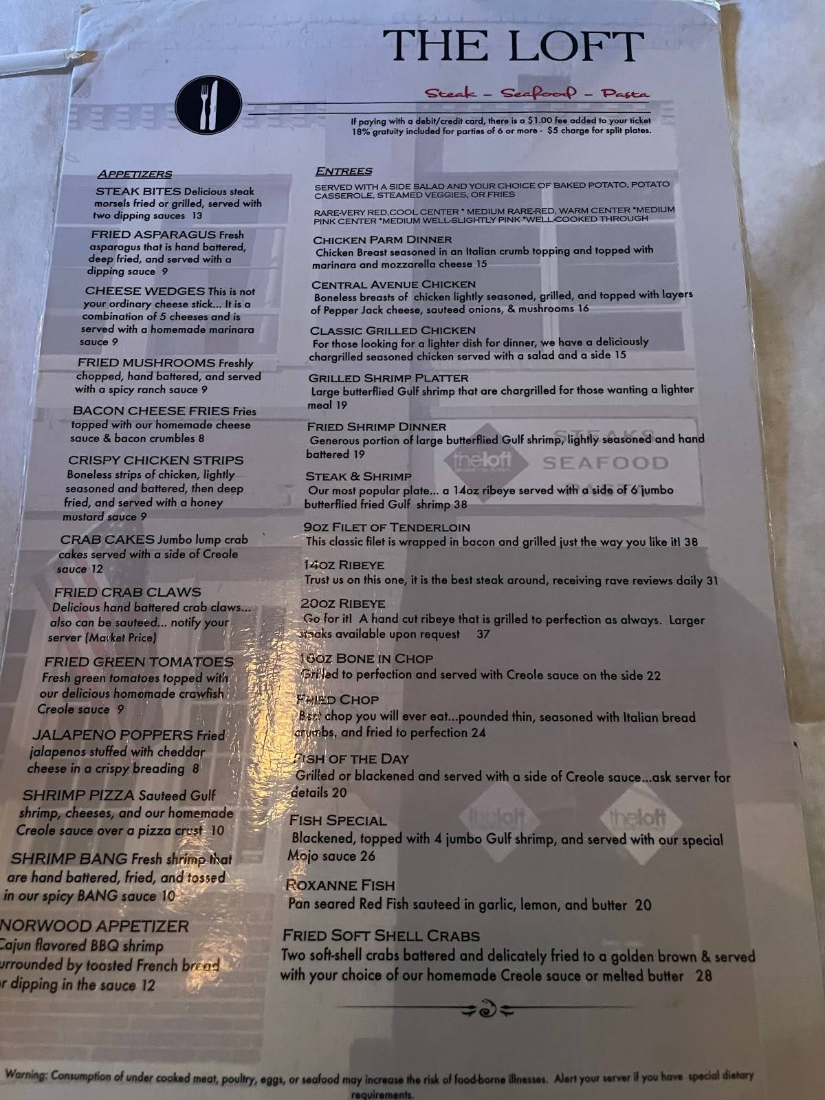 Menu at The Loft steakhouse, Laurel, 535 Central Ave