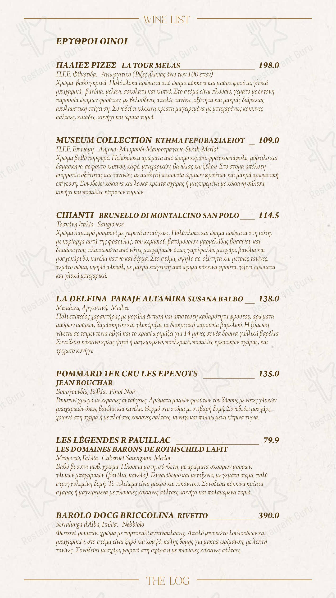 Menu at The Log, Ioannina