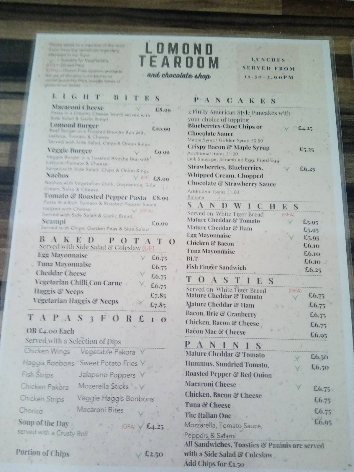 Menu at The Lomond Tearoom and Chocolate Shop pub & bar, Falkland