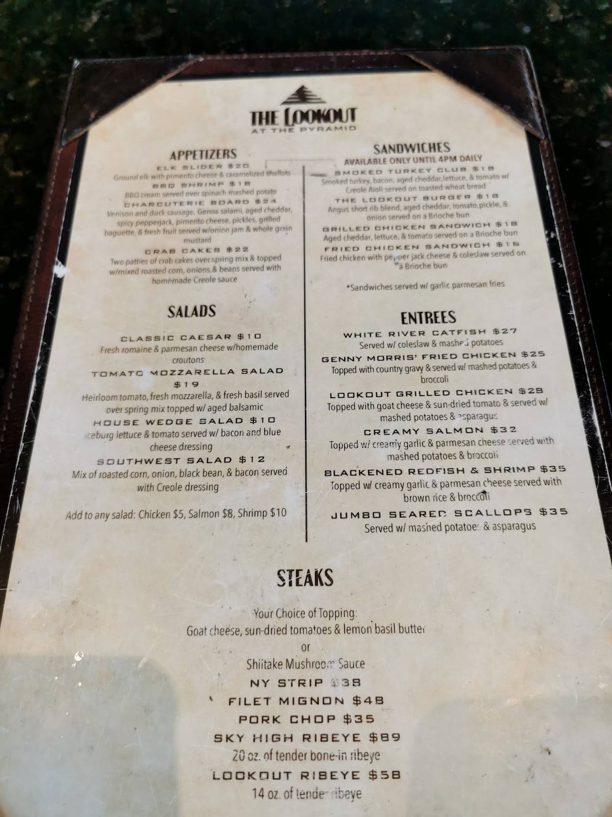 Menu at The Lookout at the Pyramid pub & bar, Memphis
