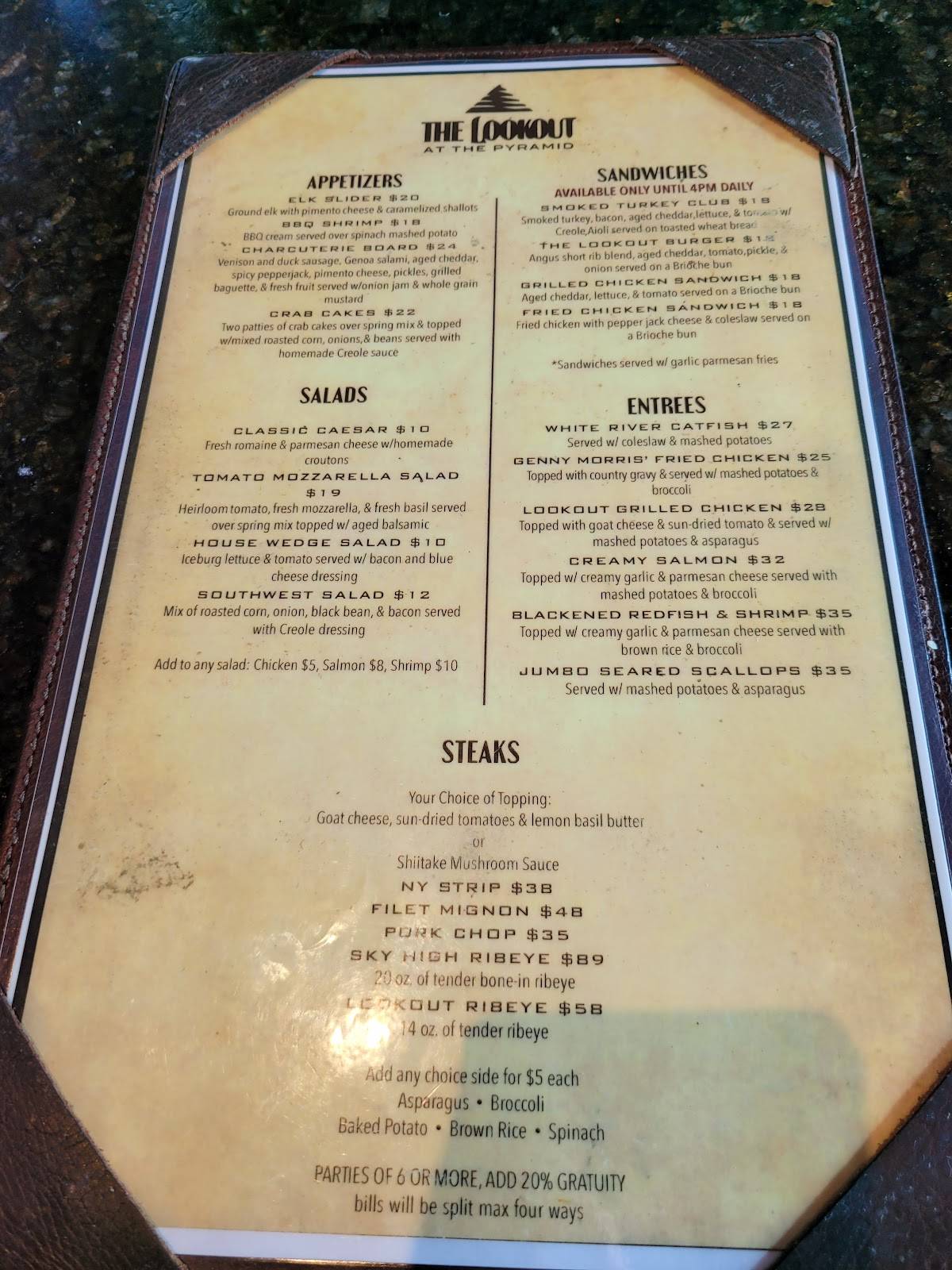 Menu at The Lookout at the Pyramid pub & bar, Memphis