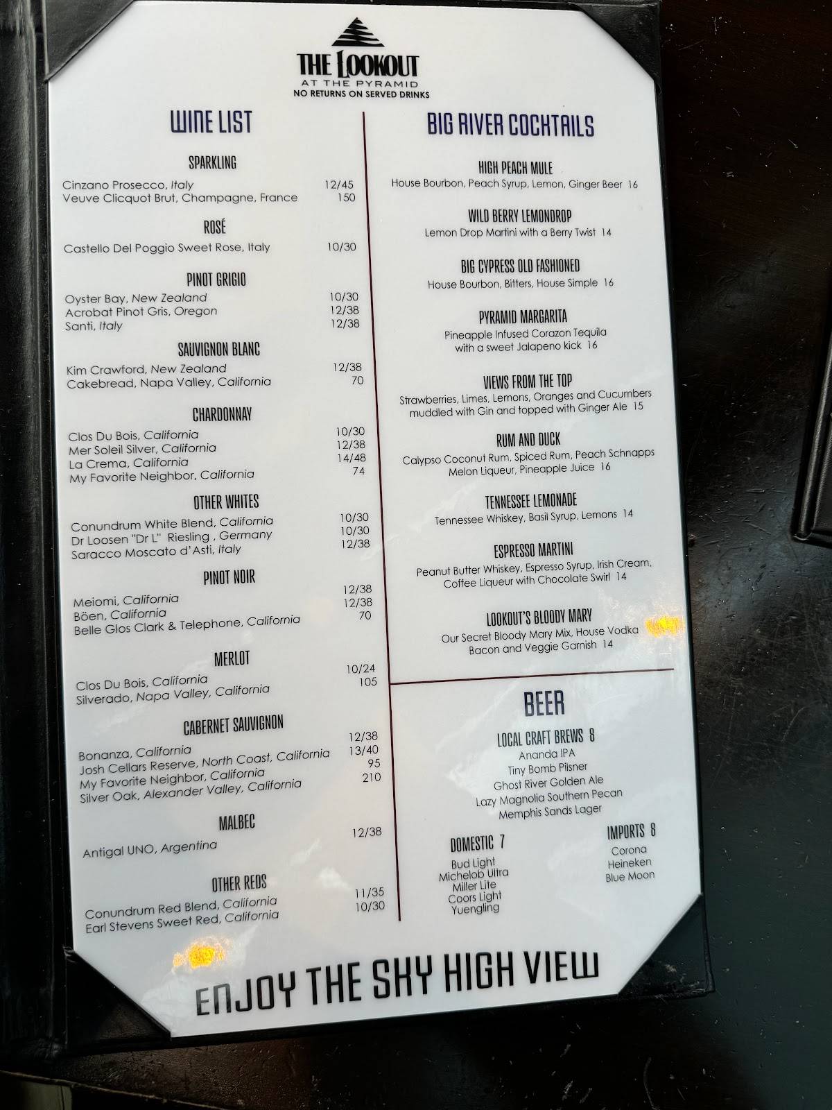 Menu at The Lookout at the Pyramid pub & bar, Memphis