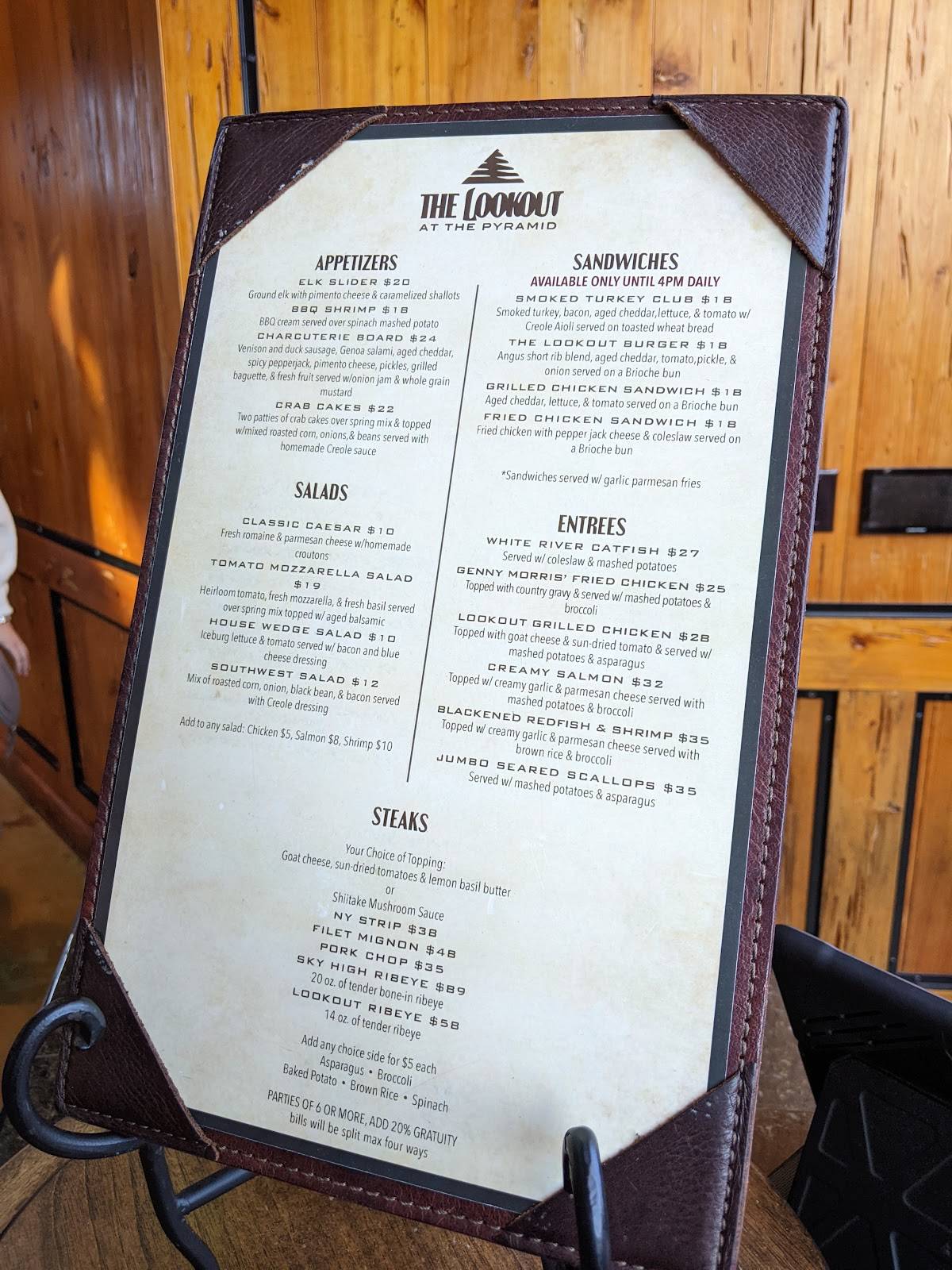 Menu at The Lookout at the Pyramid pub & bar, Memphis