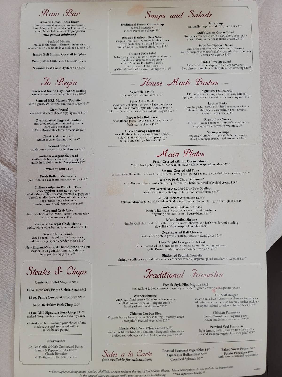 Menu at The Mill on the River pub & bar, South Windsor