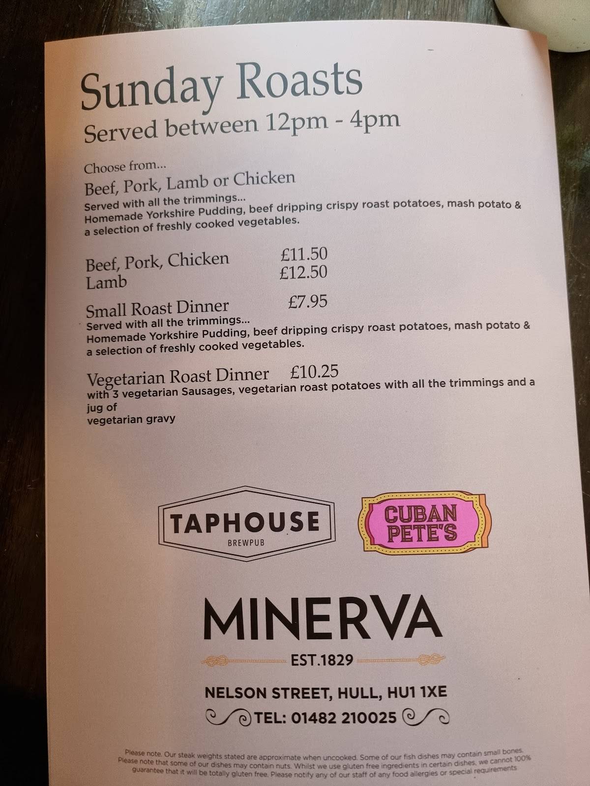Menu at The Minerva pub & bar, Hull