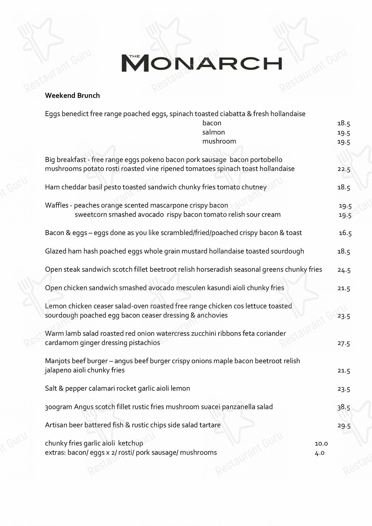 Menu at The Monarch cafe, Pukekohe