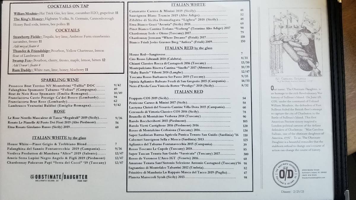 Menu at The Obstinate Daughter pizzeria, Sullivan's Island