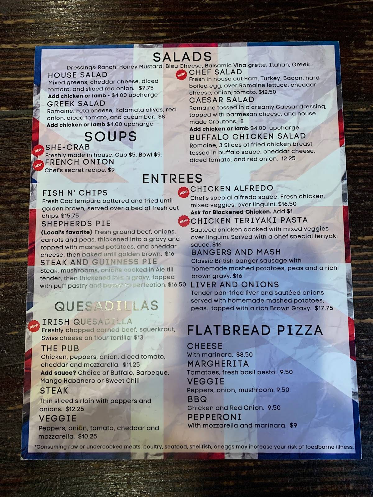 Menu at The Old Bull and Bush Pub and Eatery, Myrtle Beach