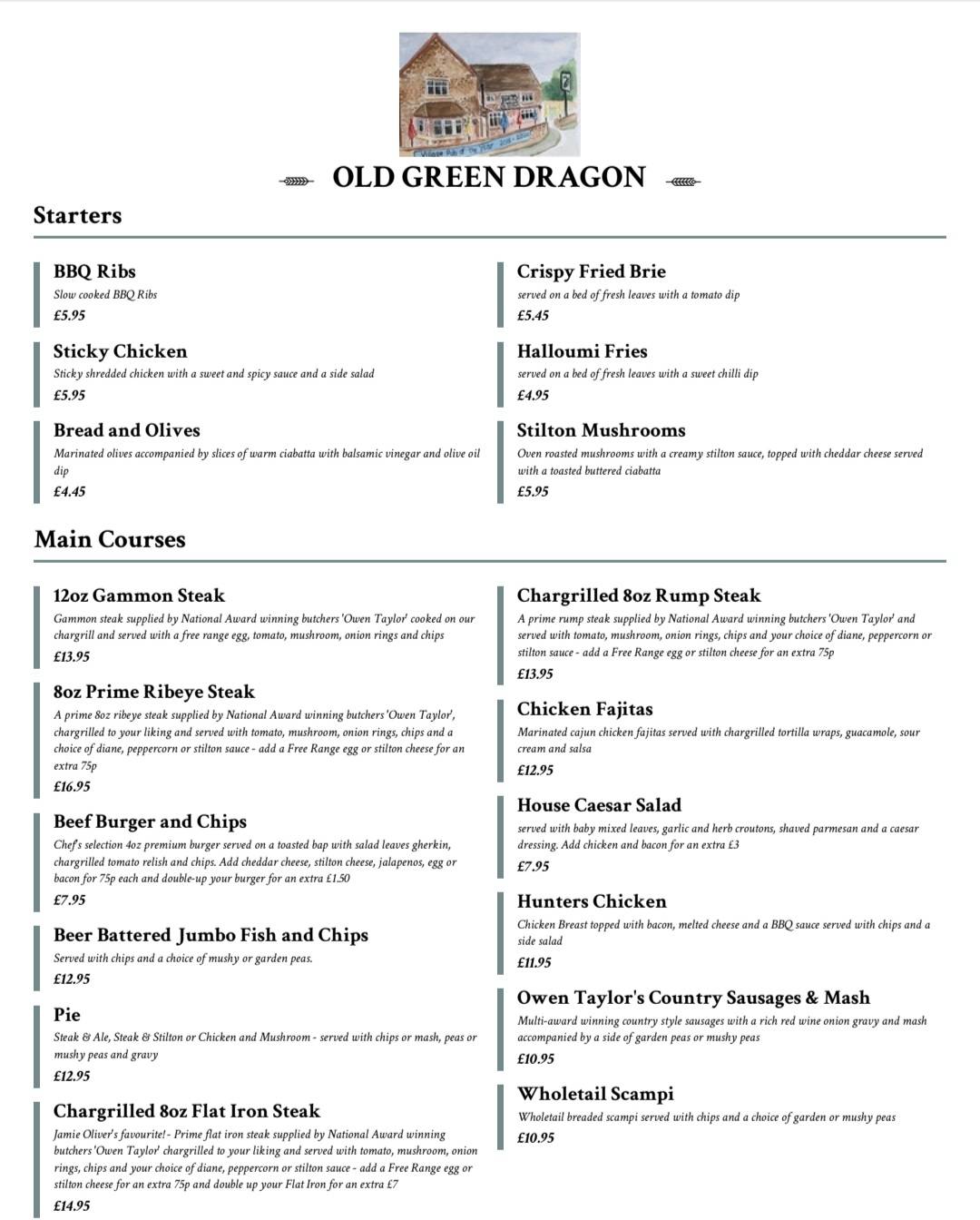 Menu at The Old Green Dragon pub & bar, Oxton