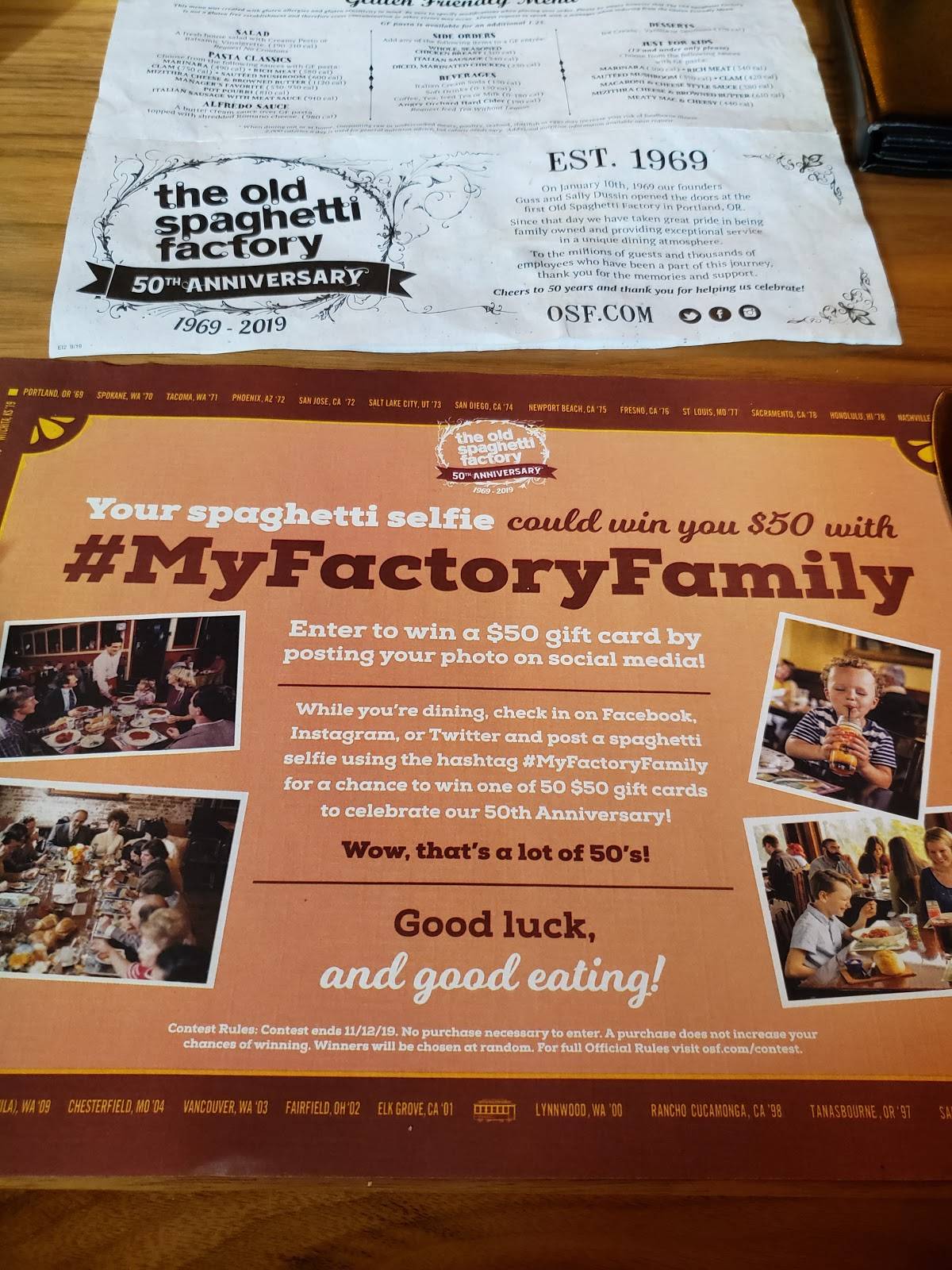 Menu at The Old Spaghetti Factory restaurant, Carmel