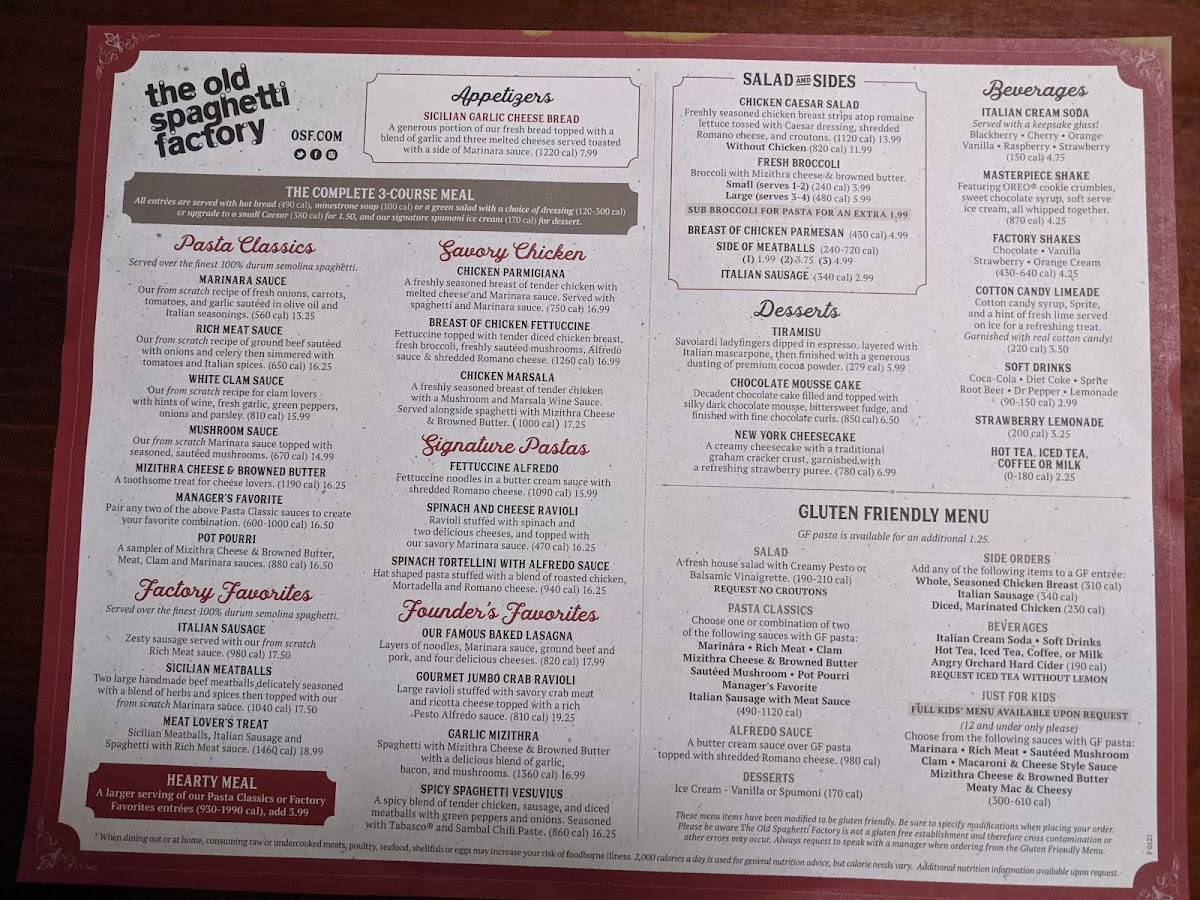 Menu at The Old Spaghetti Factory restaurant, Rancho Cordova, Folsom Blvd
