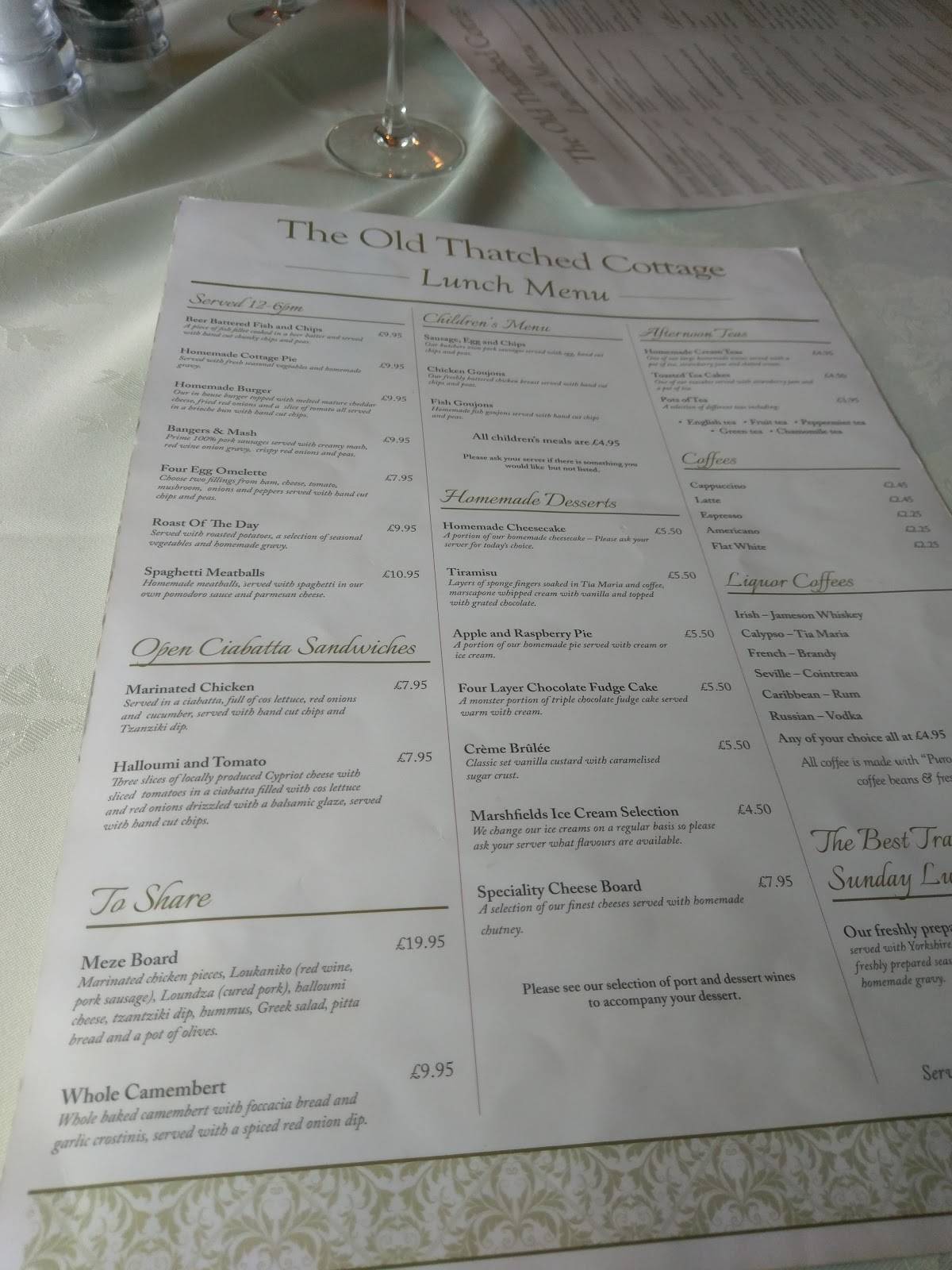 Menu at The Old Thatched Cottage Restaurant, Weston-super-Mare
