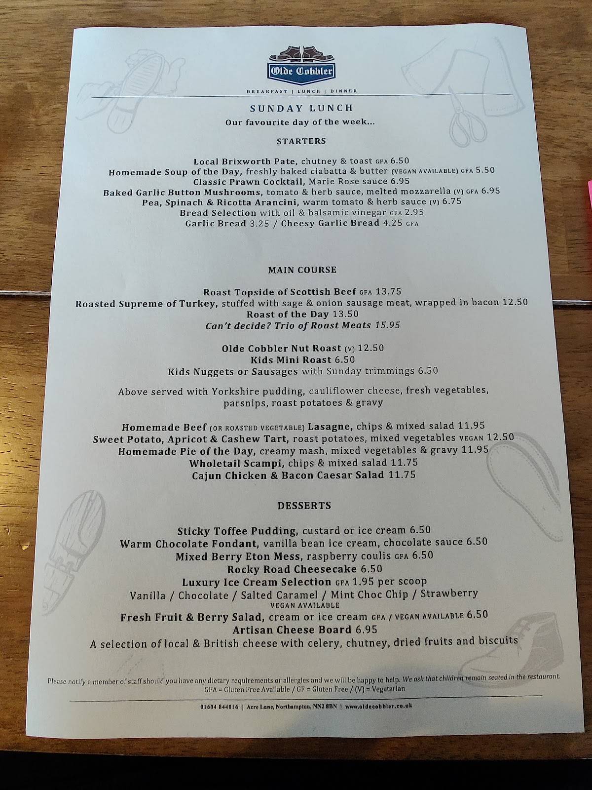 Menu at The Olde Cobbler restaurant, Northampton