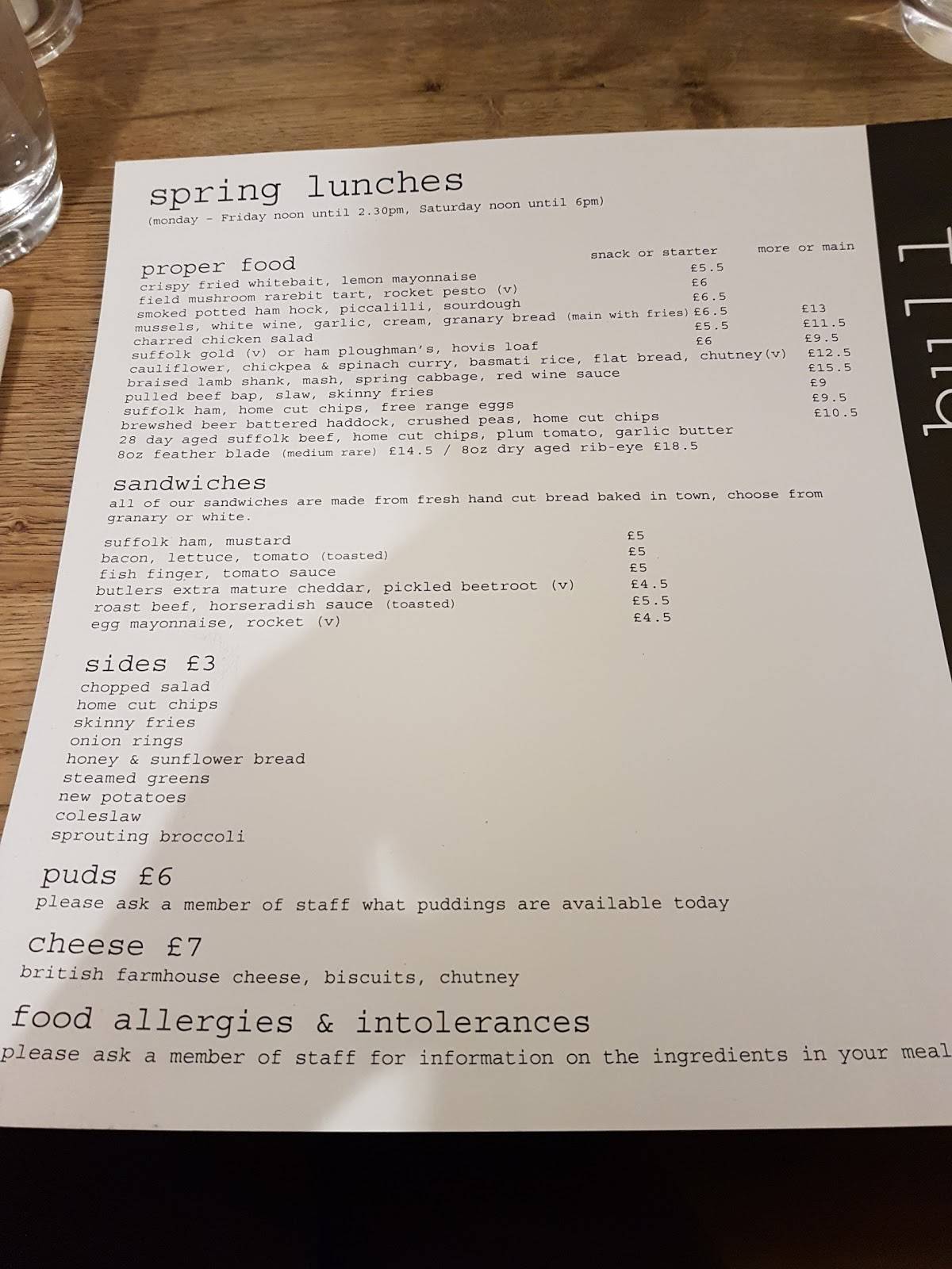 Menu at The One Bull pub & bar, Bury Saint Edmunds
