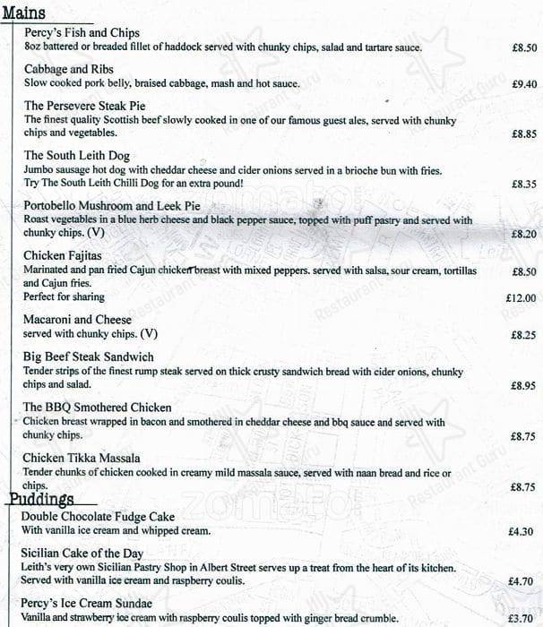 Menu at The Persevere Bar, Edinburgh