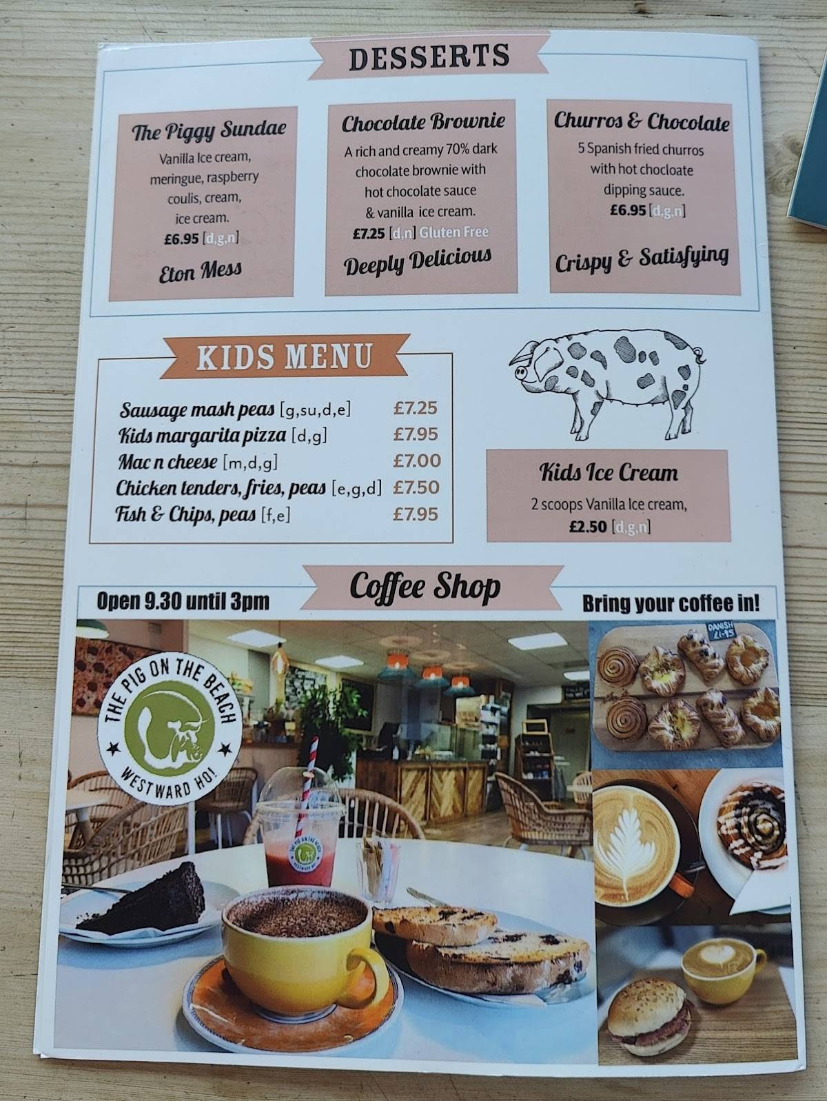 Menu at The Pig on the Beach restaurant, Bideford