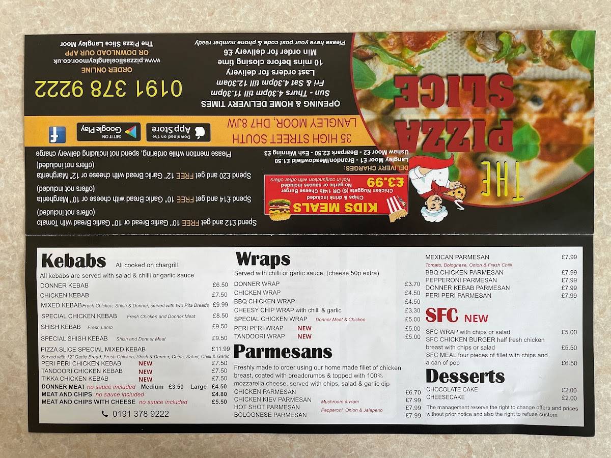 Menu at The Pizza Slice restaurant, Durham