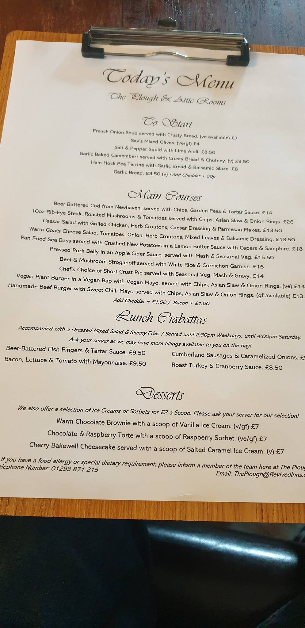 Menu at The Plough & Attic Rooms pub & bar, Rusper