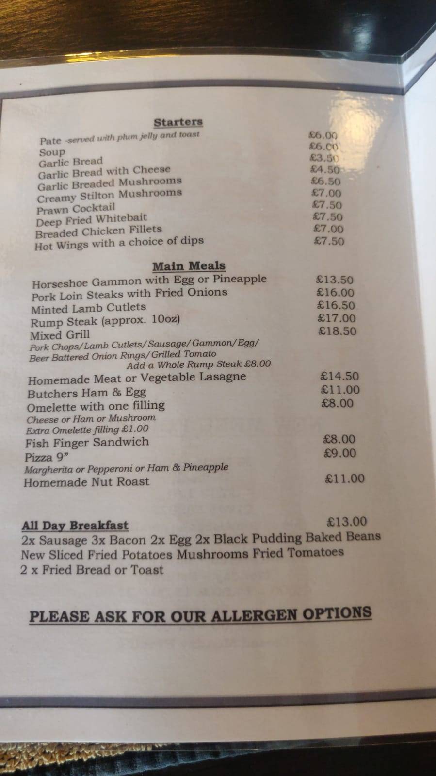 Menu at The Red Lion restaurant, Wisbech