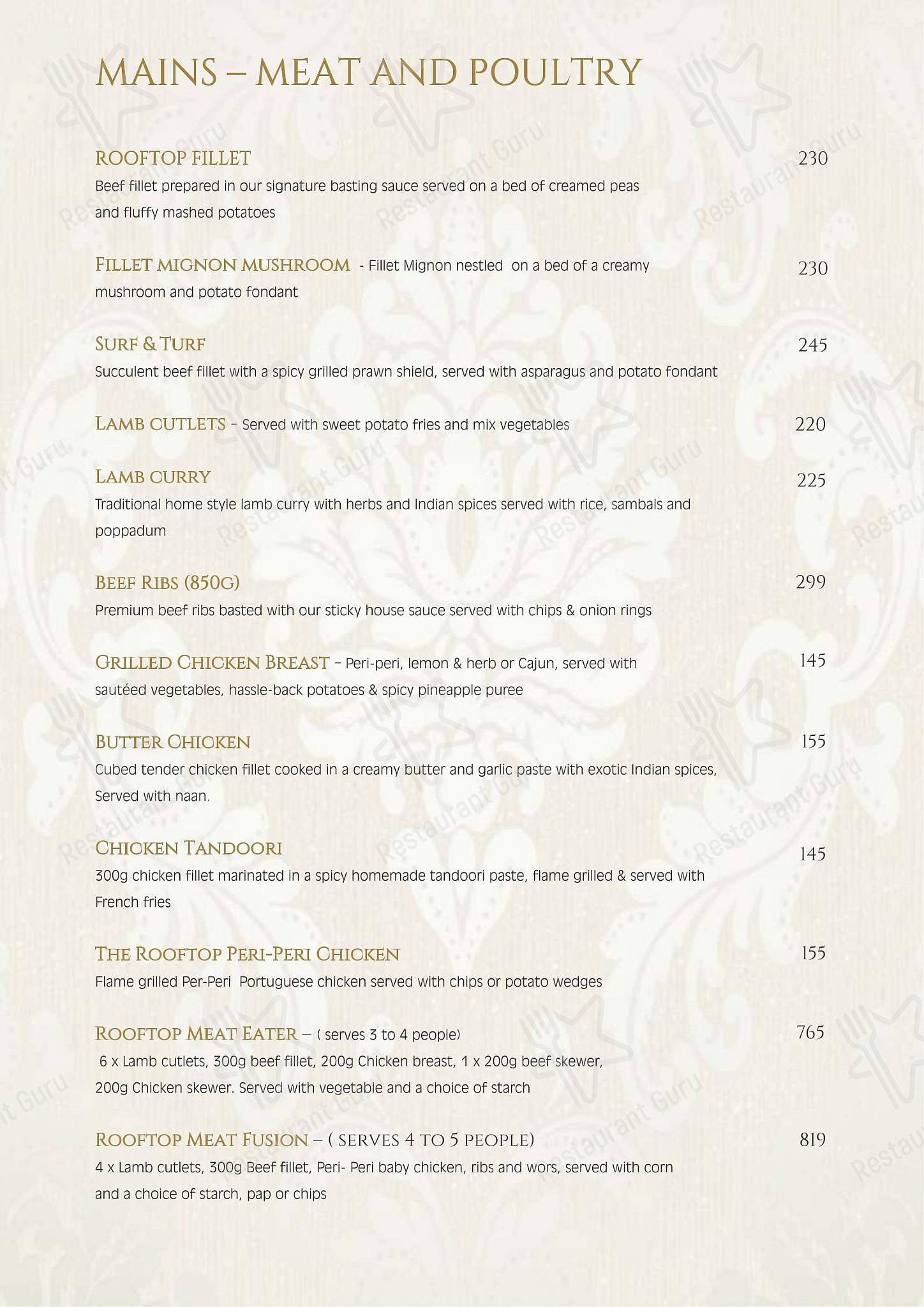 Menu at The Rooftop Restaurant, Johannesburg