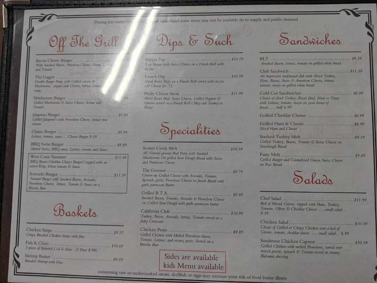 Menu at The Sandstone Cafe, Tenino